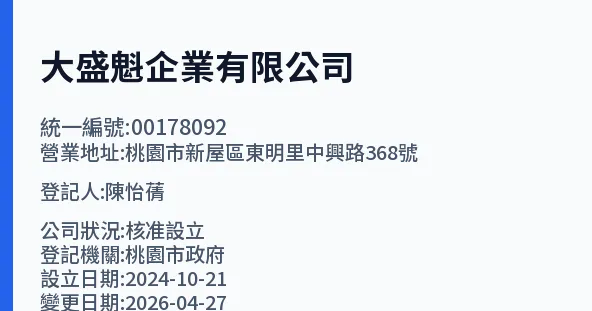 大盛魁企業有限公司的照片-統編 00178092(桃園市) 公司登記資料與營業項目詳細圖表