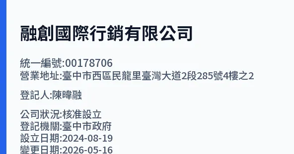融創國際行銷有限公司的照片-統編 00178706(臺中市) 公司登記資料與營業項目詳細圖表