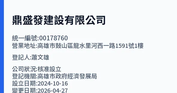 鼎盛發建設有限公司的照片-統編 00178760(高雄市) 公司登記資料與營業項目詳細圖表