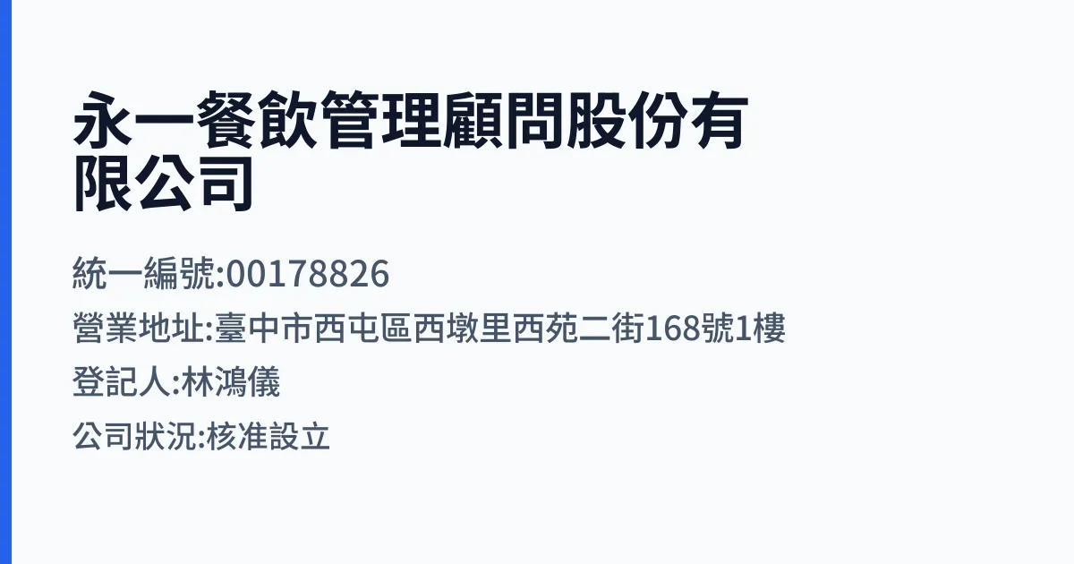 永一餐飲管理顧問股份有限公司 - 統編 00178826(臺中市) 公司登記資料與營業項目詳細圖表