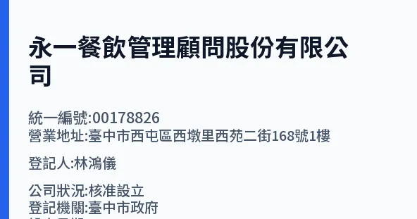 永一餐飲管理顧問股份有限公司的照片-統編 00178826(臺中市) 公司登記資料與營業項目詳細圖表