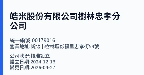 皓米股份有限公司樹林忠孝分公司的照片-統編 00179016(新北市) 公司登記資料與營業項目詳細圖表