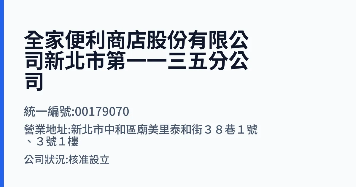 全家便利商店股份有限公司新北市第一一三五分公司 - 統編 00179070(新北市) 公司登記資料與營業項目詳細圖表