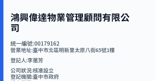 鴻興偉達物業管理顧問有限公司的照片-統編 00179162(臺中市) 公司登記資料與營業項目詳細圖表