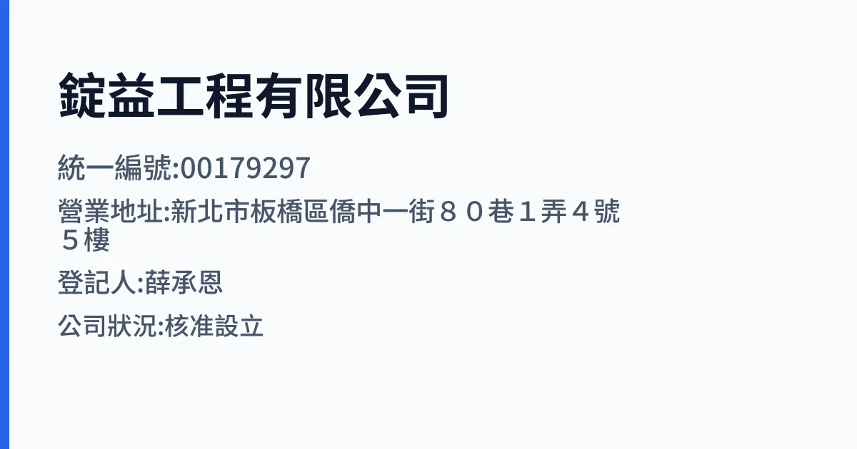 錠益工程有限公司 - 統編 00179297（新北市） 公司登記資料與營業項目詳細圖表