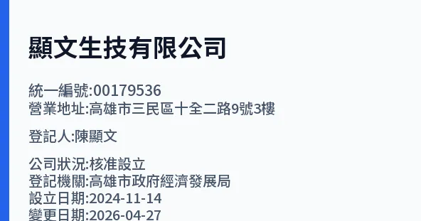 顯文生技有限公司的照片-統編 00179536(高雄市) 公司登記資料與營業項目詳細圖表