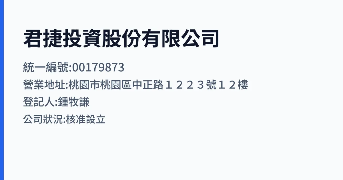 君捷投資股份有限公司 - 統編 00179873(桃園市) 公司登記資料與營業項目詳細圖表