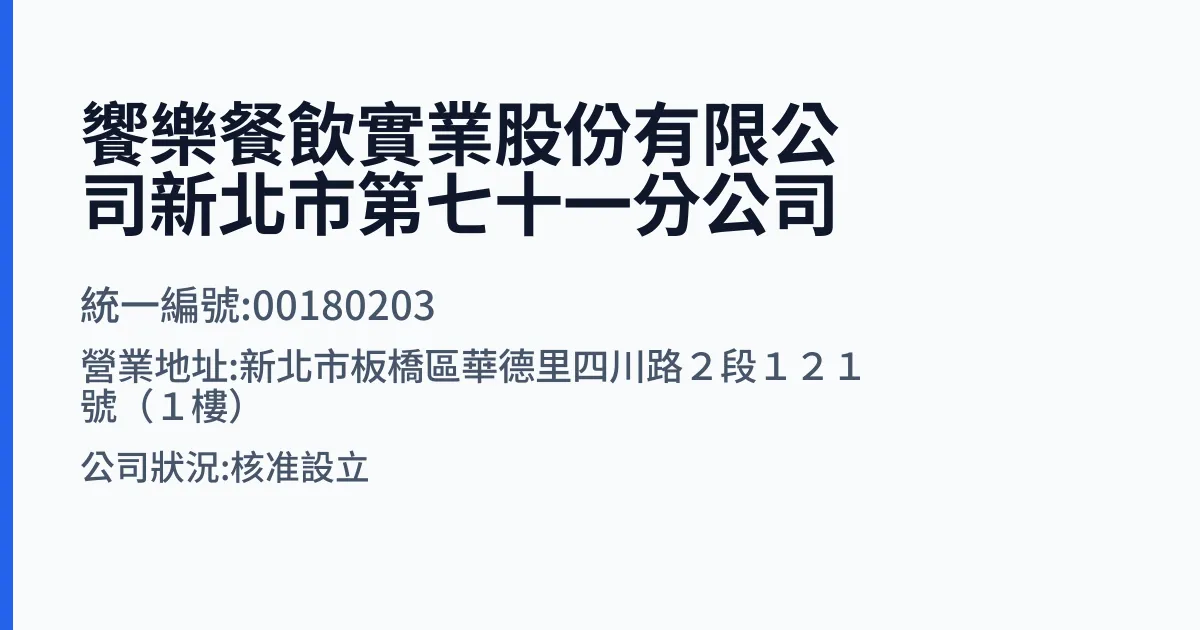 饗樂餐飲實業股份有限公司新北市第七十一分公司 - 統編 00180203(新北市) 公司登記資料與營業項目詳細圖表