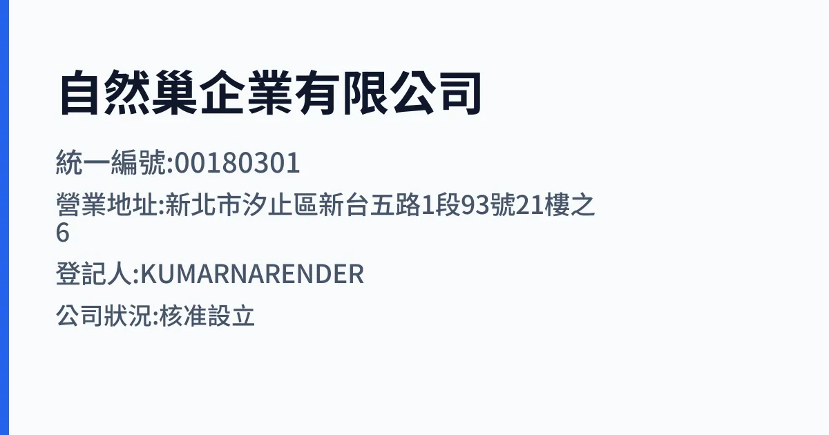 自然巢企業有限公司 - 統編 00180301(新北市) 公司登記資料與營業項目詳細圖表