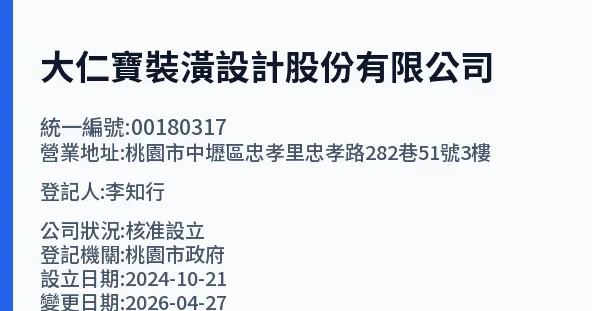 大仁寶裝潢設計股份有限公司的照片-統編 00180317(桃園市) 公司登記資料與營業項目詳細圖表