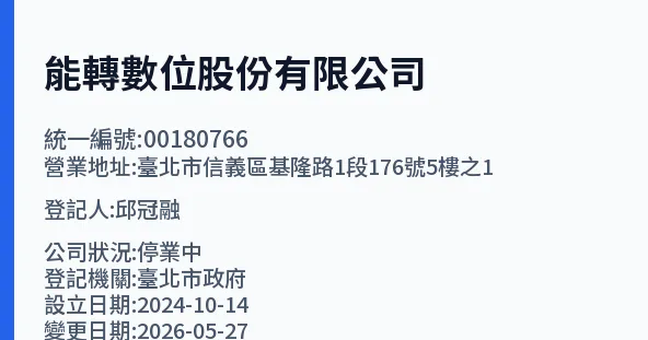 能轉數位股份有限公司的照片-統編 00180766(臺北市) 公司登記資料與營業項目詳細圖表