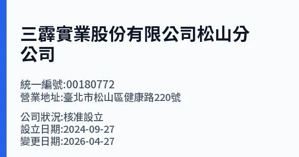三霹實業股份有限公司松山分公司的照片-統編 00180772(臺北市) 公司登記資料與營業項目詳細圖表