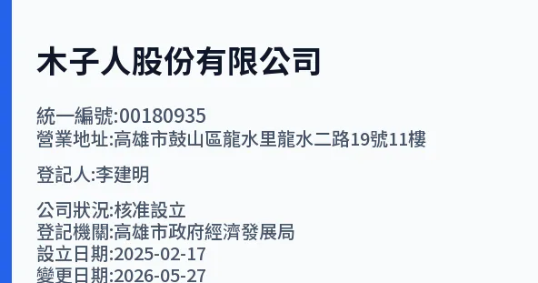 木子人股份有限公司的照片-統編 00180935(高雄市) 公司登記資料與營業項目詳細圖表