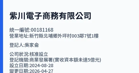 紫川電子商務有限公司的照片-統編 00181168(新竹縣) 公司登記資料與營業項目詳細圖表