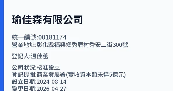 瑜佳森有限公司的照片-統編 00181174(彰化縣) 公司登記資料與營業項目詳細圖表
