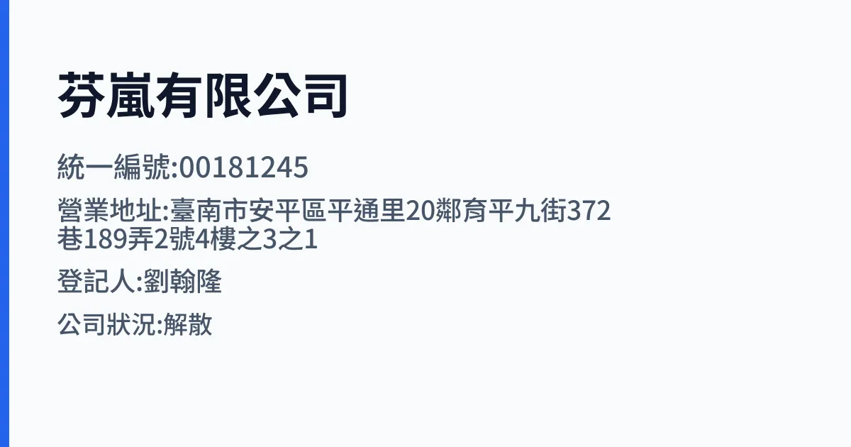 芬嵐有限公司 - 統編 00181245(臺南市) 公司登記資料與營業項目詳細圖表