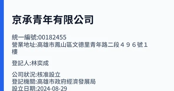 京承青年有限公司的照片-統編 00182455(高雄市) 公司登記資料與營業項目詳細圖表