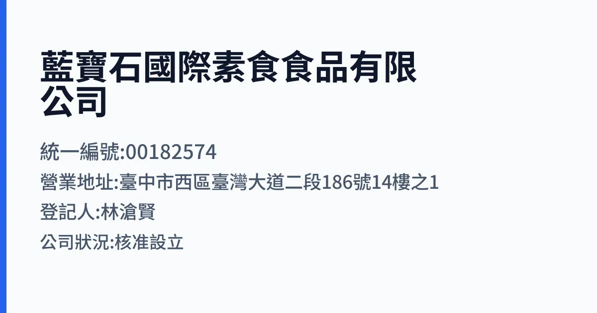 藍寶石國際素食食品有限公司 - 統編 00182574（臺中市） 公司登記資料與營業項目詳細圖表