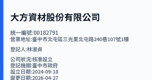 大方資材股份有限公司的照片-統編 00182791(臺中市) 公司登記資料與營業項目詳細圖表
