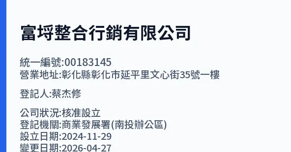 富埒整合行銷有限公司的照片-統編 00183145(彰化縣) 公司登記資料與營業項目詳細圖表