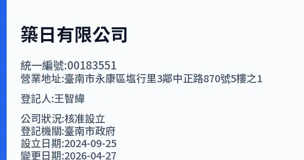 築日有限公司的照片-統編 00183551(臺南市) 公司登記資料與營業項目詳細圖表