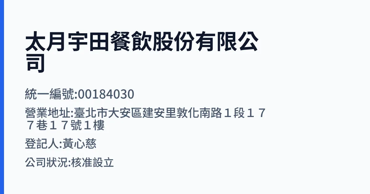 太月宇田餐飲股份有限公司 - 統編 00184030(臺北市) 公司登記資料與營業項目詳細圖表