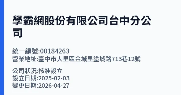 學霸網股份有限公司台中分公司的照片-統編 00184263(臺中市) 公司登記資料與營業項目詳細圖表