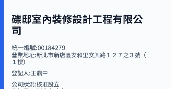 礫邸室內裝修設計工程有限公司的照片-統編 00184279(新北市) 公司登記資料與營業項目詳細圖表