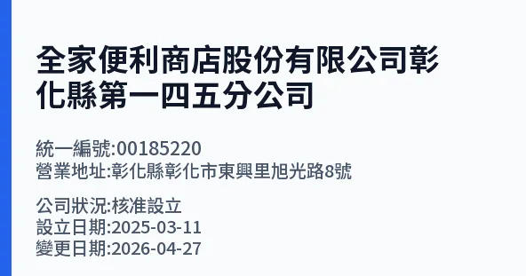 全家便利商店股份有限公司彰化縣第一四五分公司的照片-統編 00185220(彰化縣) 公司登記資料與營業項目詳細圖表