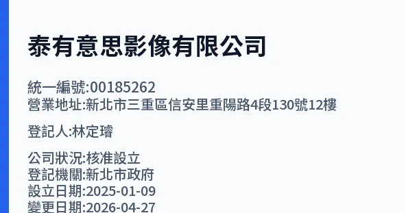 泰有意思影像有限公司的照片-統編 00185262(新北市) 公司登記資料與營業項目詳細圖表
