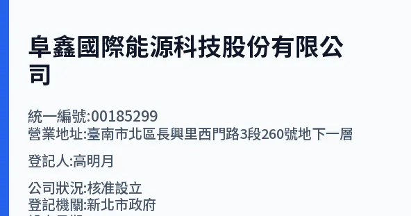 阜鑫國際能源科技股份有限公司的照片-統編 00185299(臺南市) 公司登記資料與營業項目詳細圖表