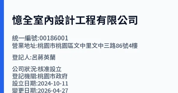 憶全室內設計工程有限公司的照片-統編 00186001(桃園市) 公司登記資料與營業項目詳細圖表