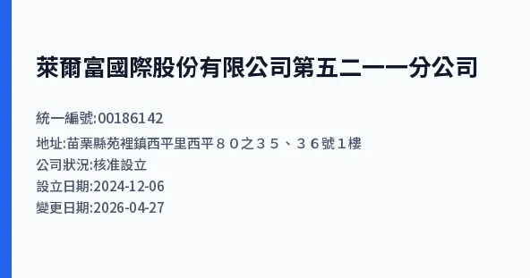 萊爾富國際股份有限公司第五二一一分公司的照片-統編 00186142(苗栗縣) 公司登記資料與營業項目詳細圖表