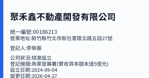 聚禾鑫不動產開發有限公司的照片-統編 00186213(新竹縣) 公司登記資料與營業項目詳細圖表