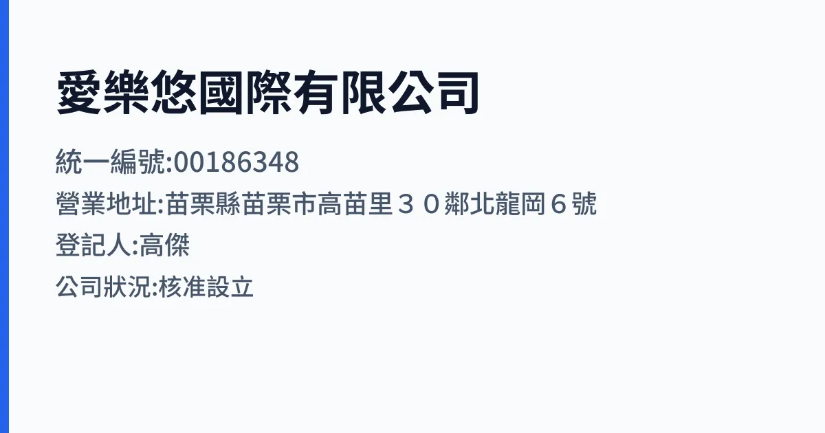 愛樂悠國際有限公司 - 統編 00186348（苗栗縣） 公司登記資料與營業項目詳細圖表