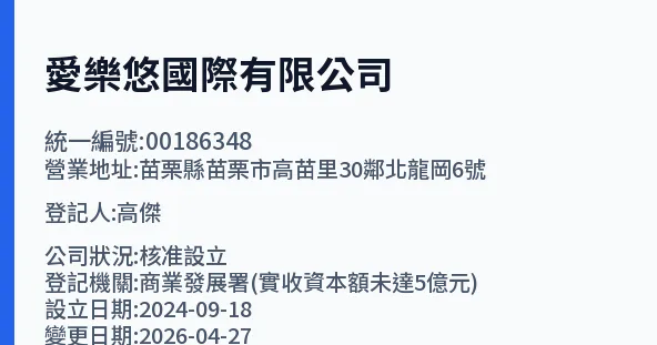 愛樂悠國際有限公司的照片-統編 00186348(苗栗縣) 公司登記資料與營業項目詳細圖表