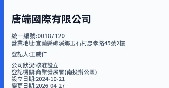 唐端國際有限公司的照片-統編 00187120(宜蘭縣) 公司登記資料與營業項目詳細圖表