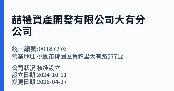 喆禮資產開發有限公司大有分公司的照片-統編 00187276(桃園市) 公司登記資料與營業項目詳細圖表