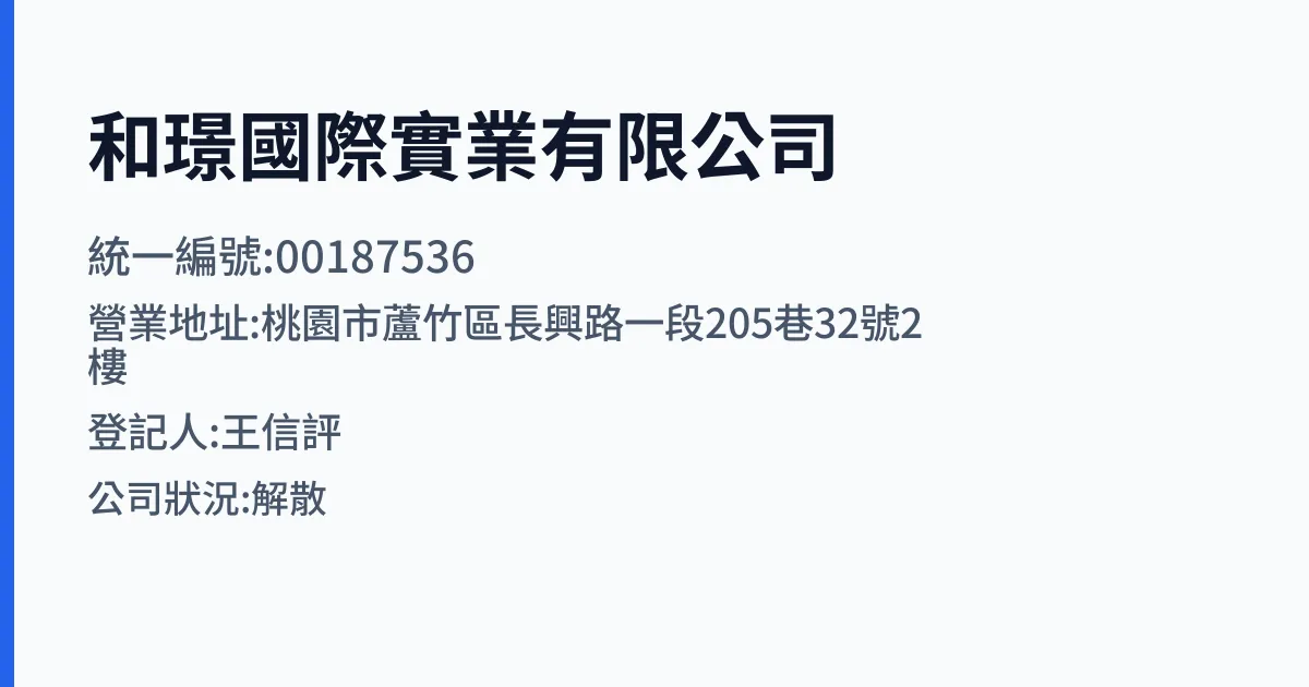 和璟國際實業有限公司 - 統編 00187536(桃園市) 公司登記資料與營業項目詳細圖表