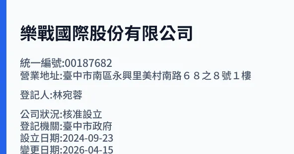樂戰國際股份有限公司的照片-統編 00187682(臺中市) 公司登記資料與營業項目詳細圖表