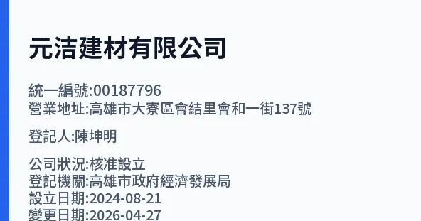 元洁建材有限公司的照片-統編 00187796(高雄市) 公司登記資料與營業項目詳細圖表