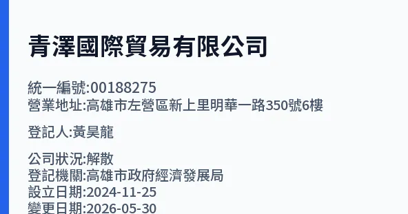 青澤國際貿易有限公司的照片-統編 00188275(高雄市) 公司登記資料與營業項目詳細圖表