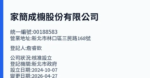 家簡成櫥股份有限公司的照片-統編 00188583(新北市) 公司登記資料與營業項目詳細圖表