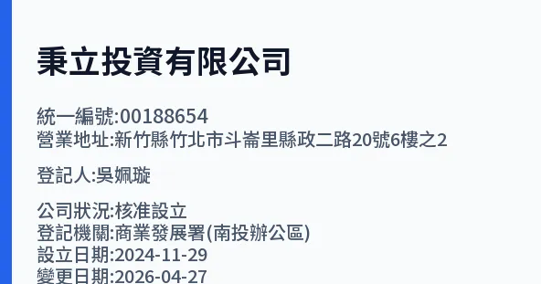 秉立投資有限公司的照片-統編 00188654(新竹縣) 公司登記資料與營業項目詳細圖表