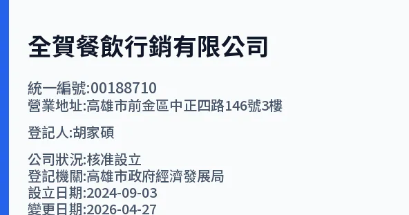 全賀餐飲行銷有限公司的照片-統編 00188710(高雄市) 公司登記資料與營業項目詳細圖表