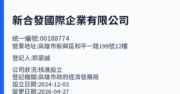 新合發國際企業有限公司的照片-統編 00188774(高雄市) 公司登記資料與營業項目詳細圖表