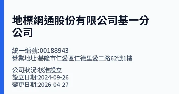 地標網通股份有限公司基一分公司的照片-統編 00188943(基隆市) 公司登記資料與營業項目詳細圖表