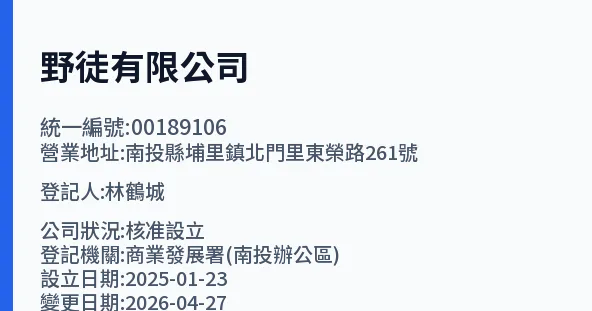 野徒有限公司的照片-統編 00189106(南投縣) 公司登記資料與營業項目詳細圖表