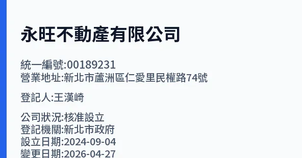 永旺不動產有限公司的照片-統編 00189231(新北市) 公司登記資料與營業項目詳細圖表