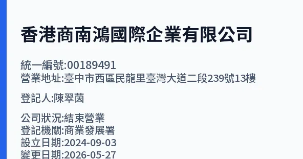 香港商南鴻國際企業有限公司的照片-統編 00189491(臺中市) 公司登記資料與營業項目詳細圖表